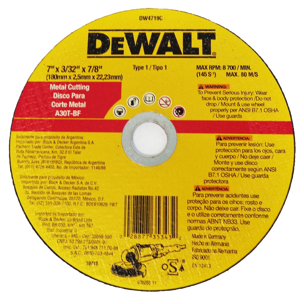 Disco corte metal 7 pulgadas x 3/32 pulgadas dw4719c dewalt | HOPSA ...