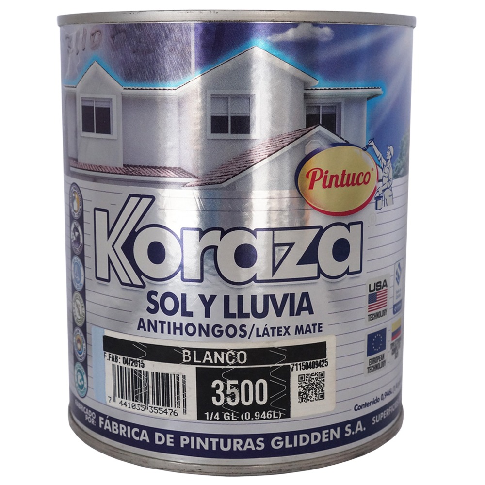 Pintura acrilica koraza sol y lluvia antihongos base deep 3580 qto ...